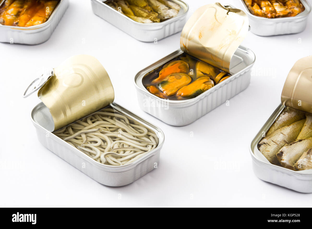 Cans of preserves isolated on white background Stock Photo - Alamy