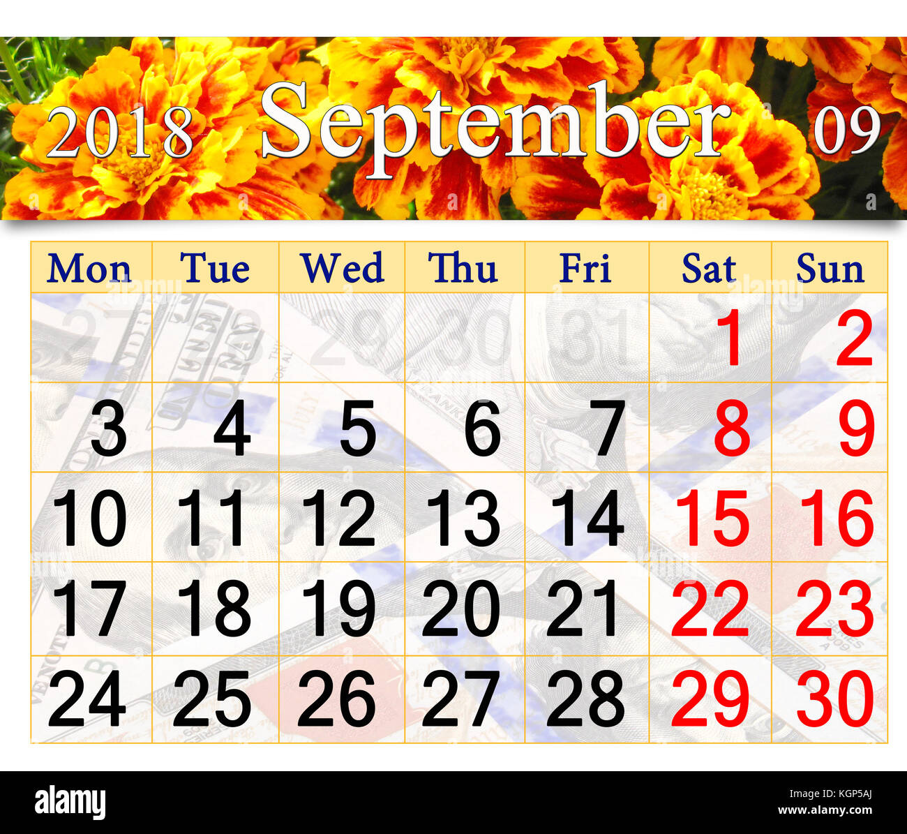 calendar for September 2018 with image of flowers of marigolds Stock ...