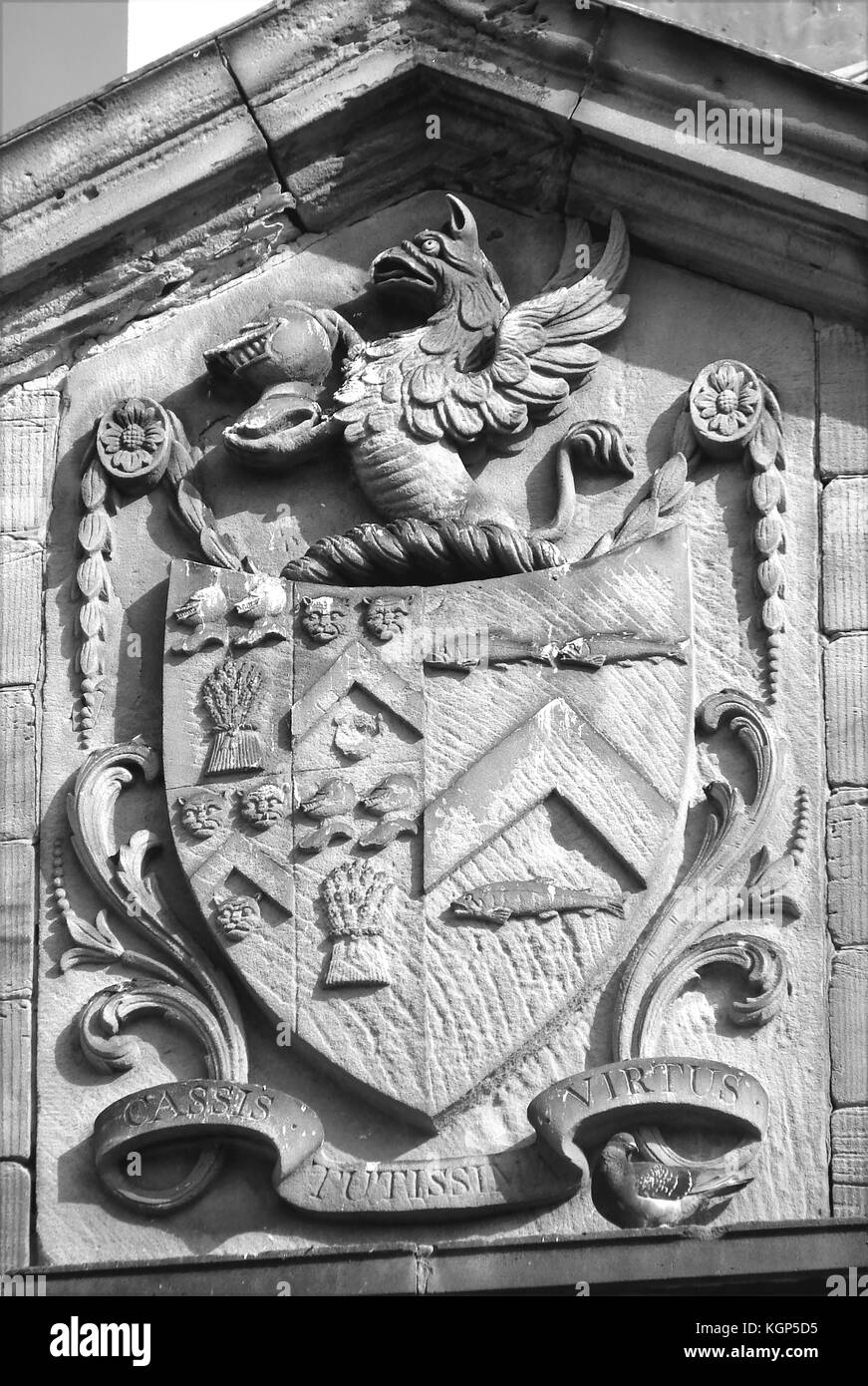 Cholmley family coat of arms from a wall at Whitby, Yorkshire UK where ...