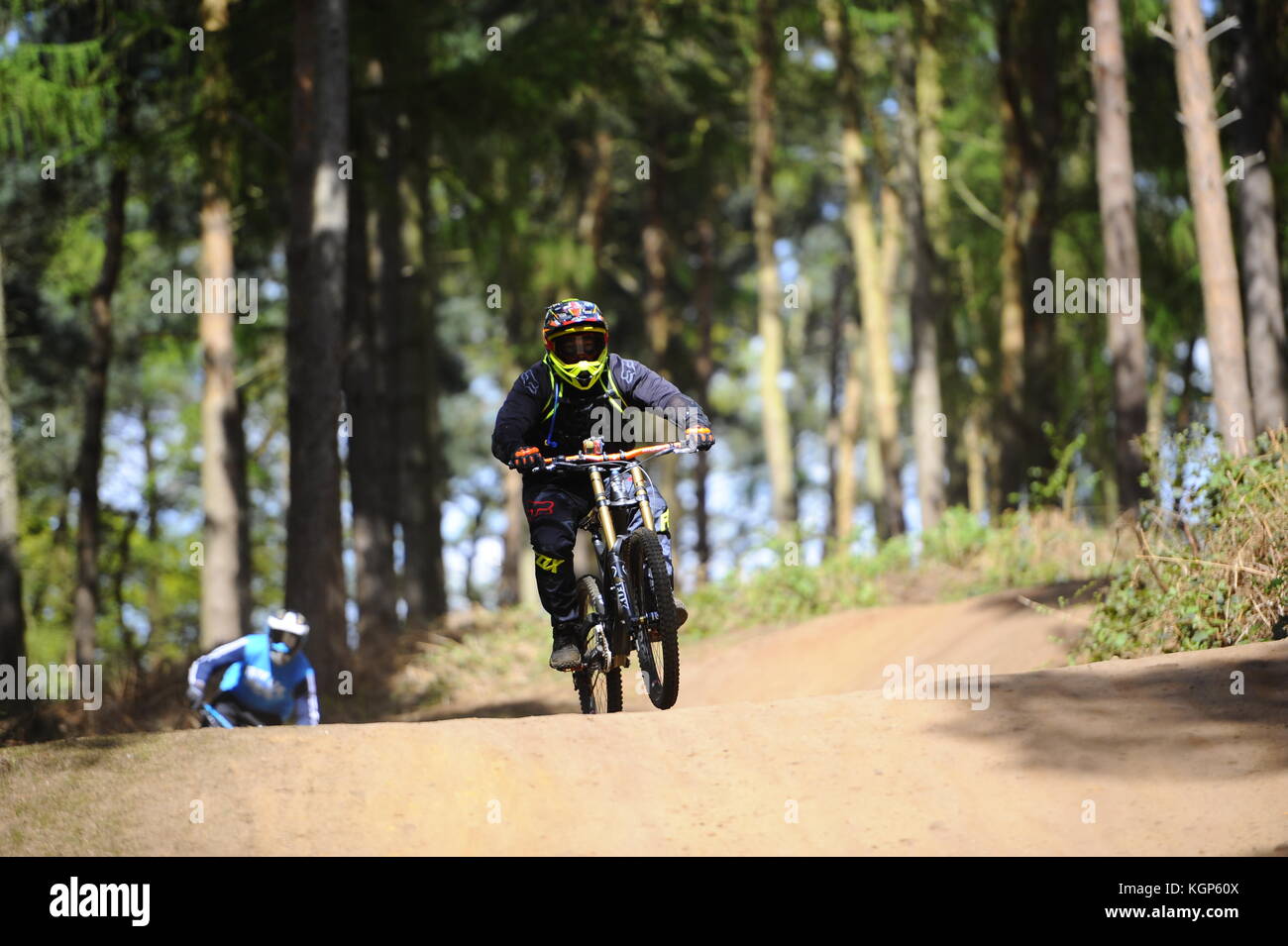 Mountain biking at Chicksands, Bedfordshire. Riders descending down a ...