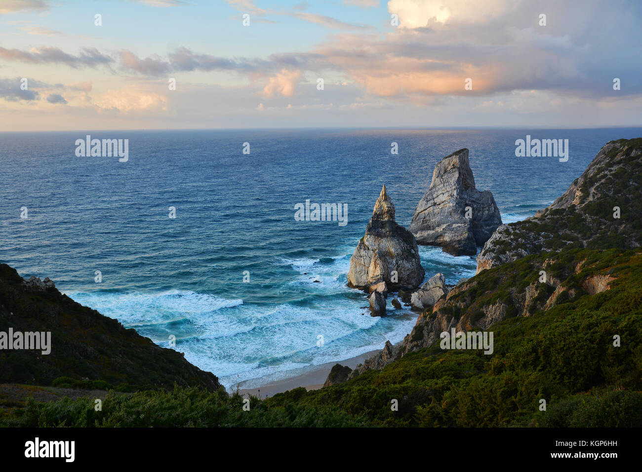 Sunset at Cape Cabo da Roca, near Guincho Beach, the westernmost point ...