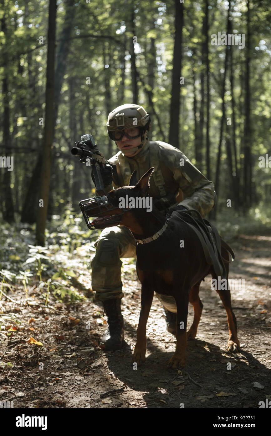 Picture of soldier in helmet with submachine gun and dog Stock Photo ...