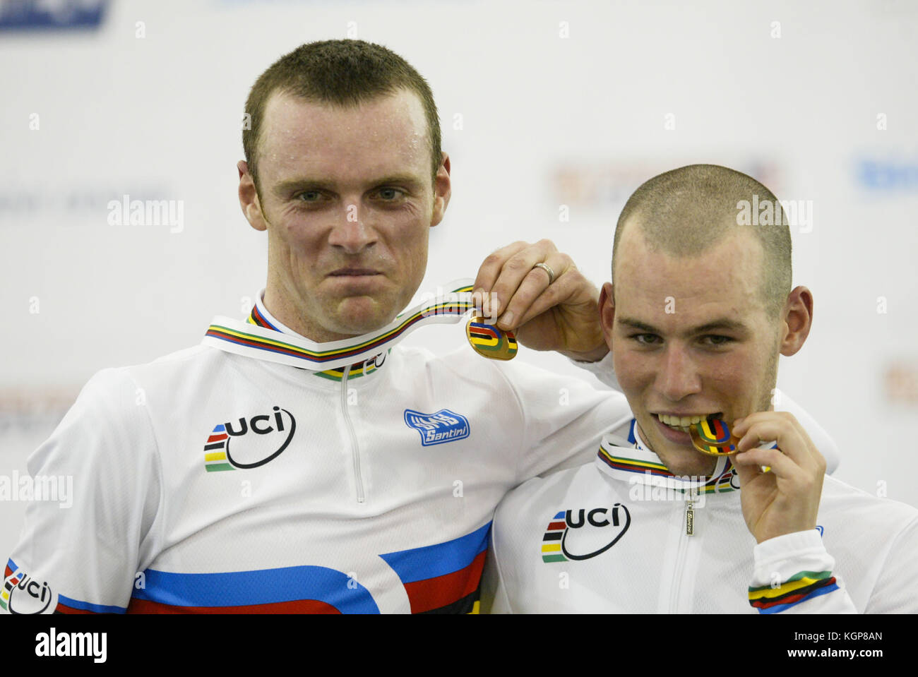 Mark Cavendish of Great Britain, right, and his teammate Robert Hayles ...