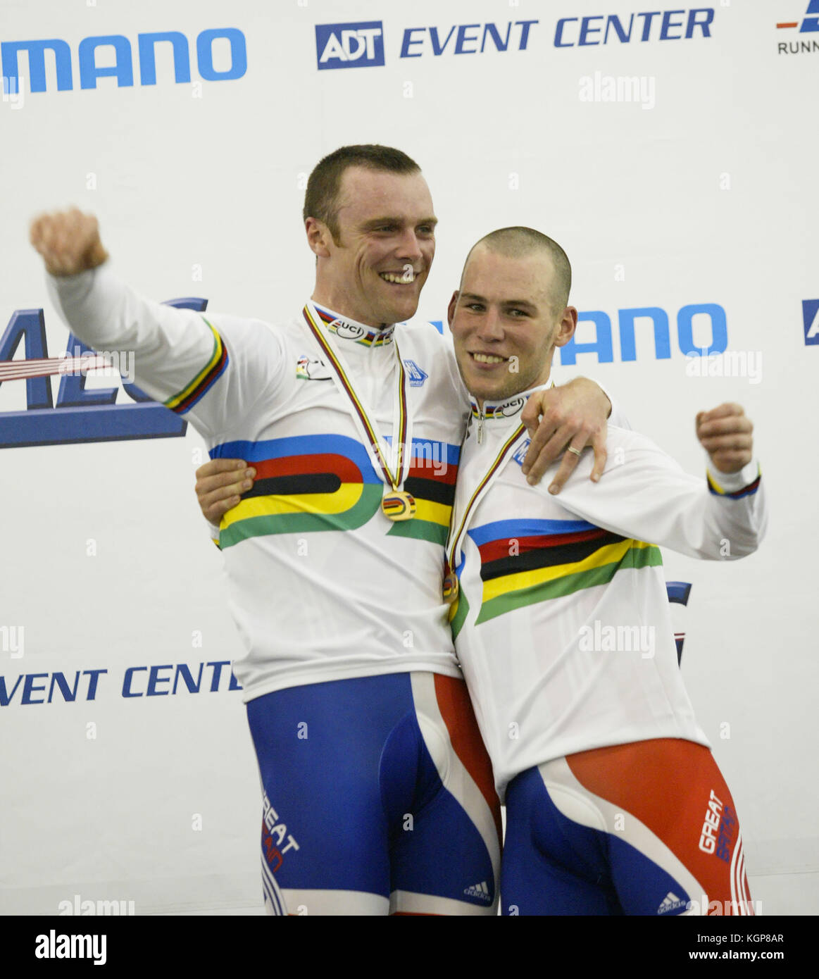 Mark Cavendish of Great Britain, right, and his teammate Robert Hayles ...