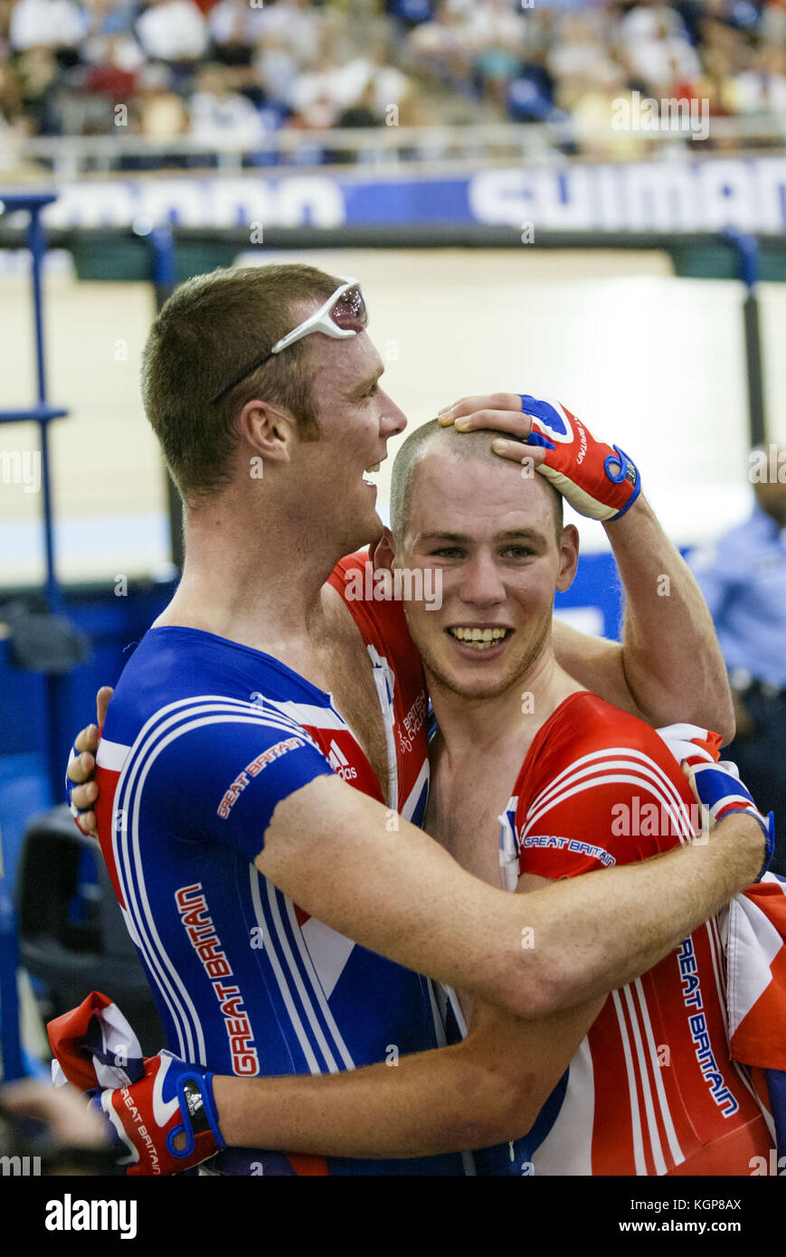 Mark Cavendish of Great Britain, right, and his teammate Robert Hayles ...