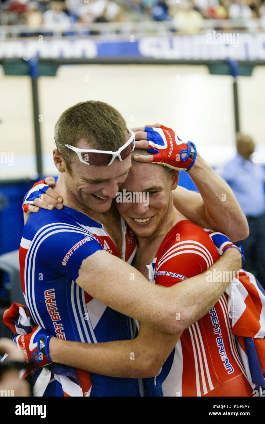 Mark Cavendish of Great Britain, right, and his teammate Robert Hayles ...