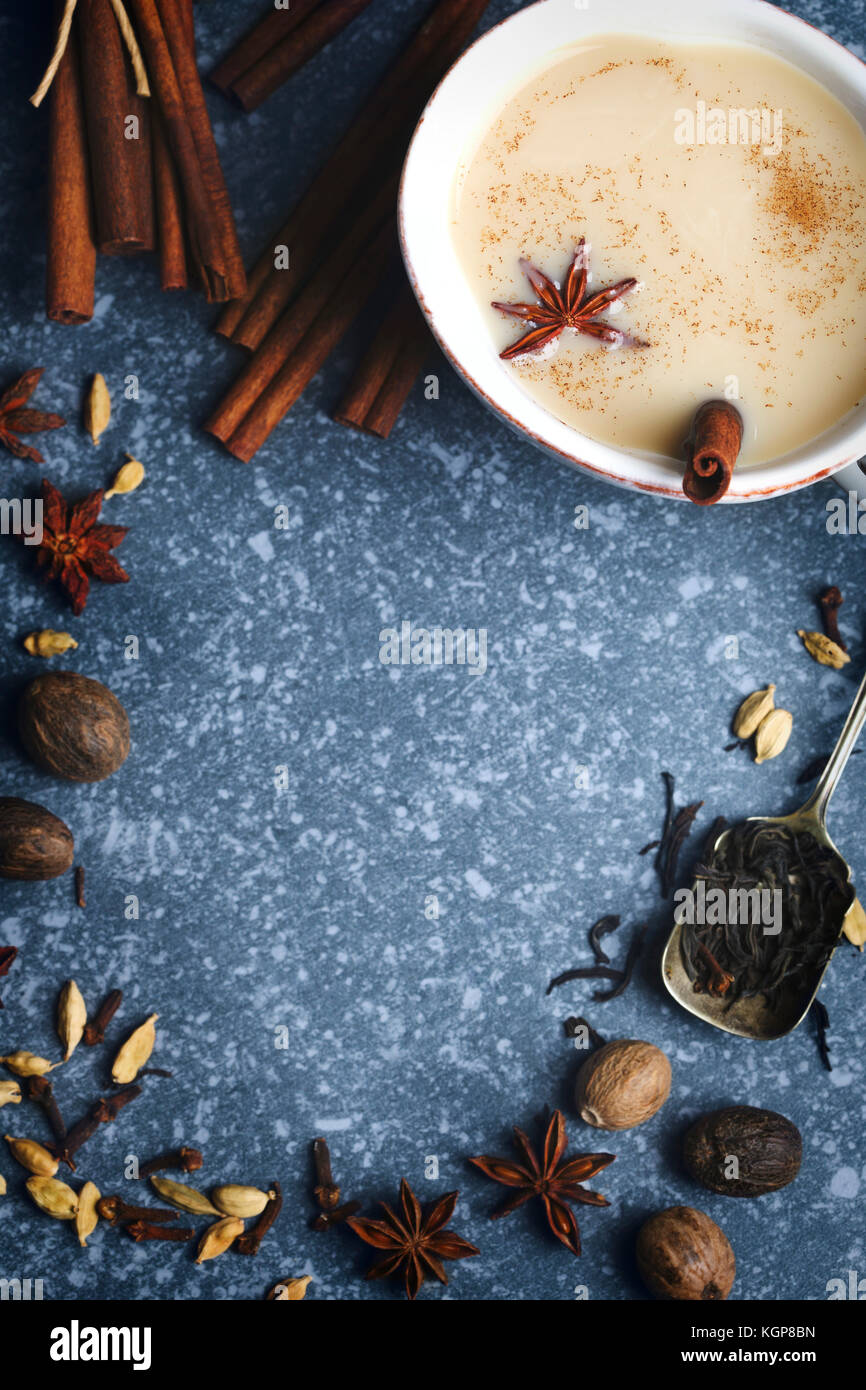Traditional indian masala chai tea with spices, frame, copy space Stock ...