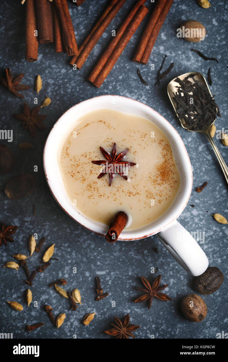 Traditional indian masala chai tea with spices in cup, top view Stock ...