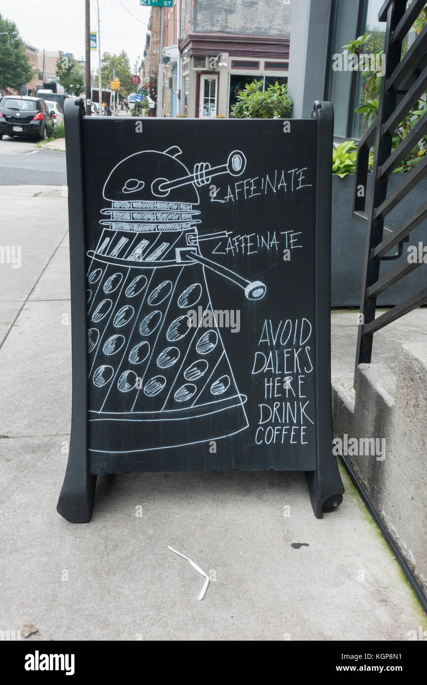 Amusing sign with a drawing of a Dalek saying "Caffeinate" in ...