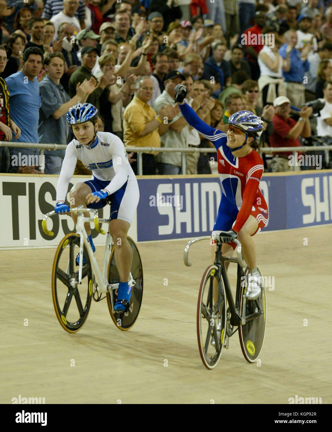 Victoria Pendleton of Great Britain, right, celebrates after beating ...