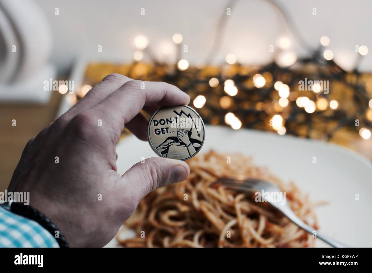 Digital currency physical metal bitcoin coin. Restaurant pasta concept ...