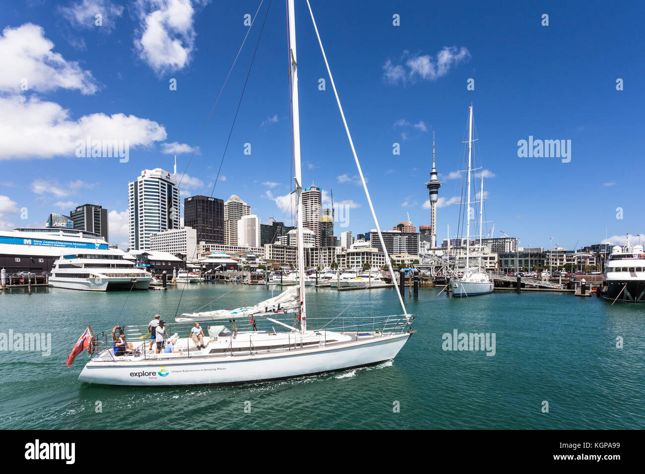 AUCKLAND, NEW ZEALAND - MARCH 1, 2017: Boat sails back to the Viaduct ...
