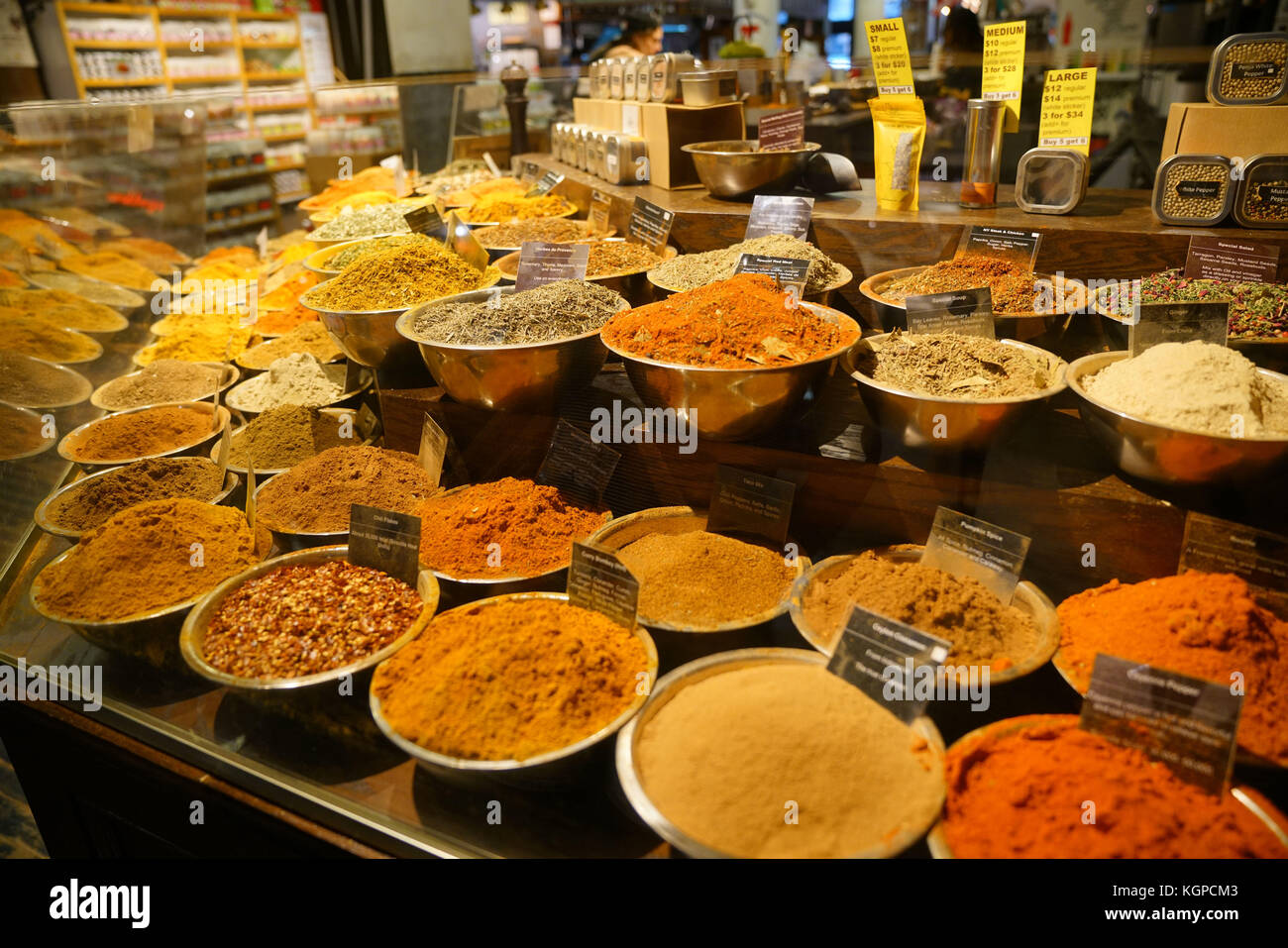 Different spices in shop window Stock Photo - Alamy