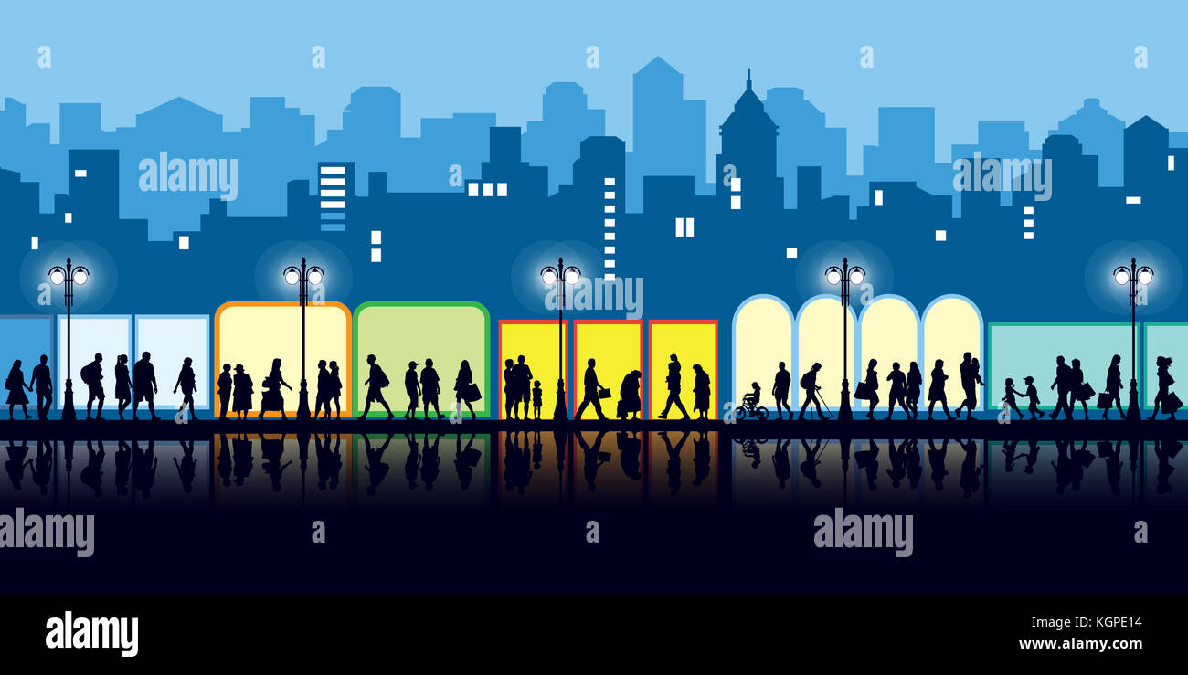 Crowd of walking and shopping people, city with high buildings in the ...