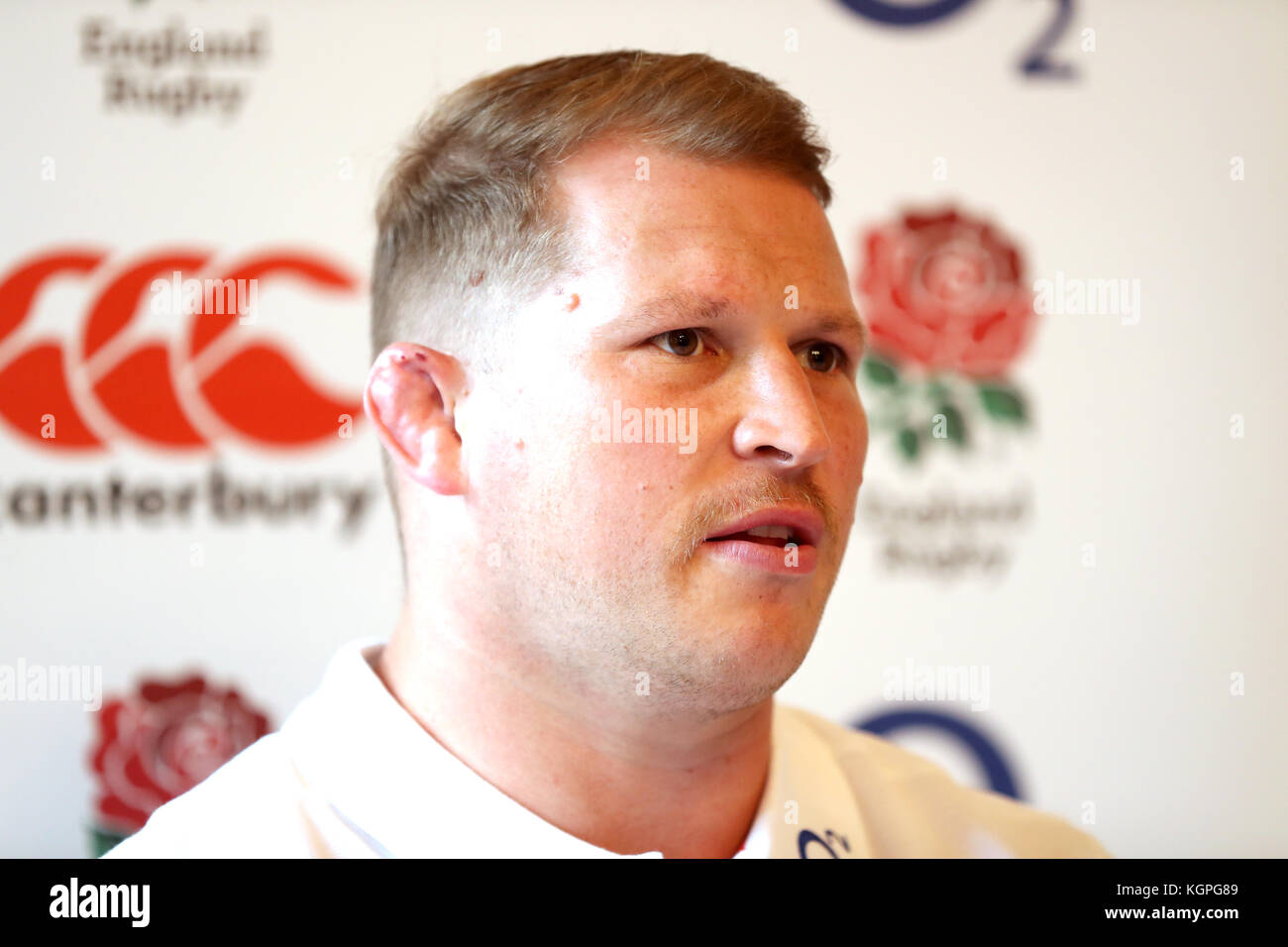 England's Dylan Hartley during the press conference at Pennyhill Park ...