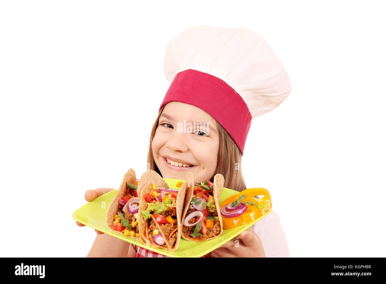 happy little girl cook with tacos fast food Stock Photo - Alamy