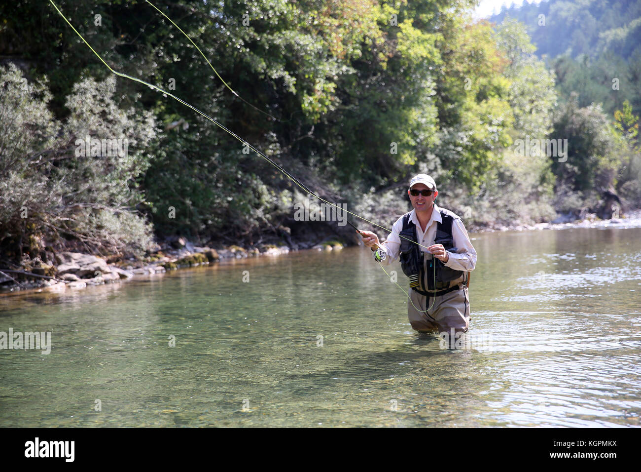 Closeup of fisherman fly fishing in freshwater river Stock Photo - Alamy