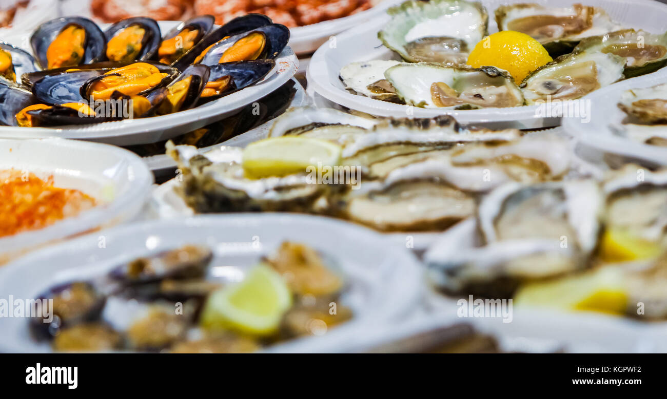 Close up view at fresh seafood on Fish Market in Madrid, Spain Stock ...