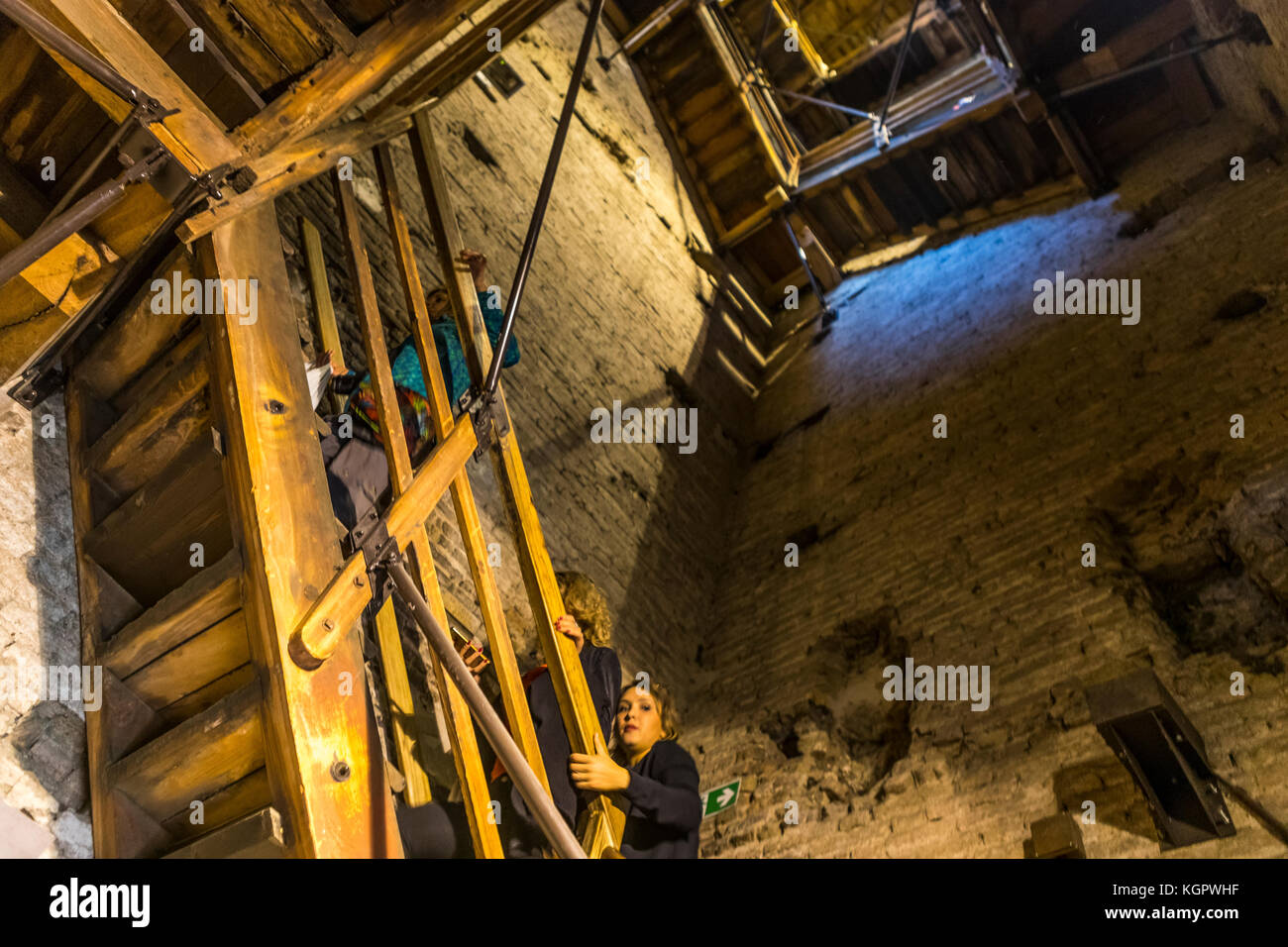 Many wooden steps up to the top of the Asinelli Tower, Bologna city ...