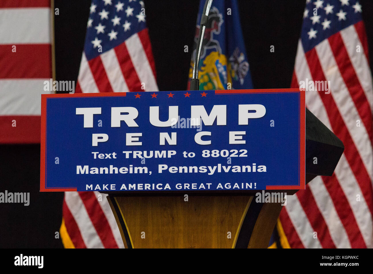 Manheim, PA - October 1, 2016: The Podium Sign at the Donald J. Trump ...