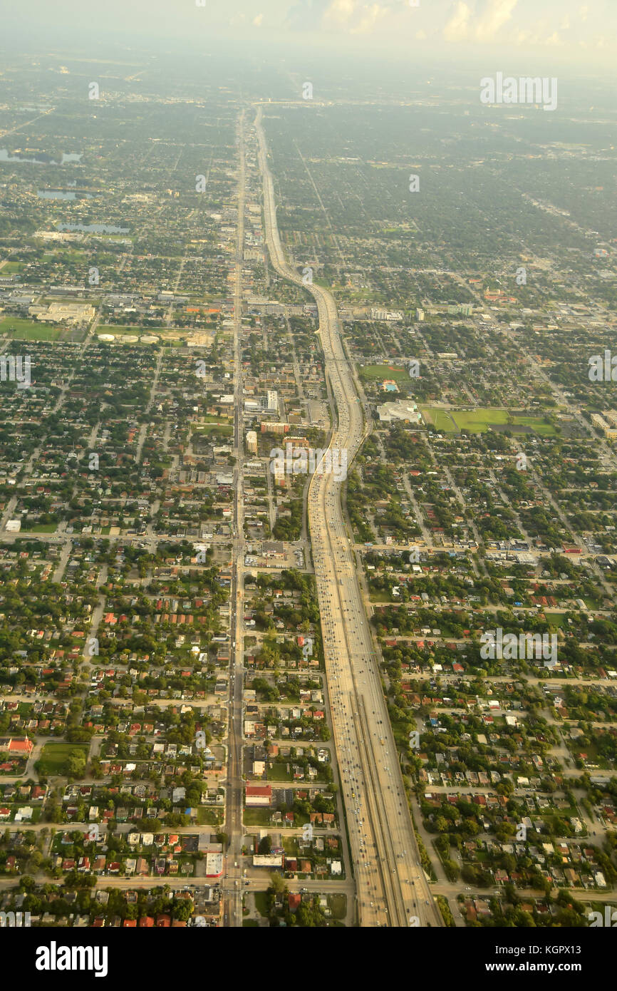Sunrise over Miami, Florida seen in aerial flyover view Stock Photo - Alamy