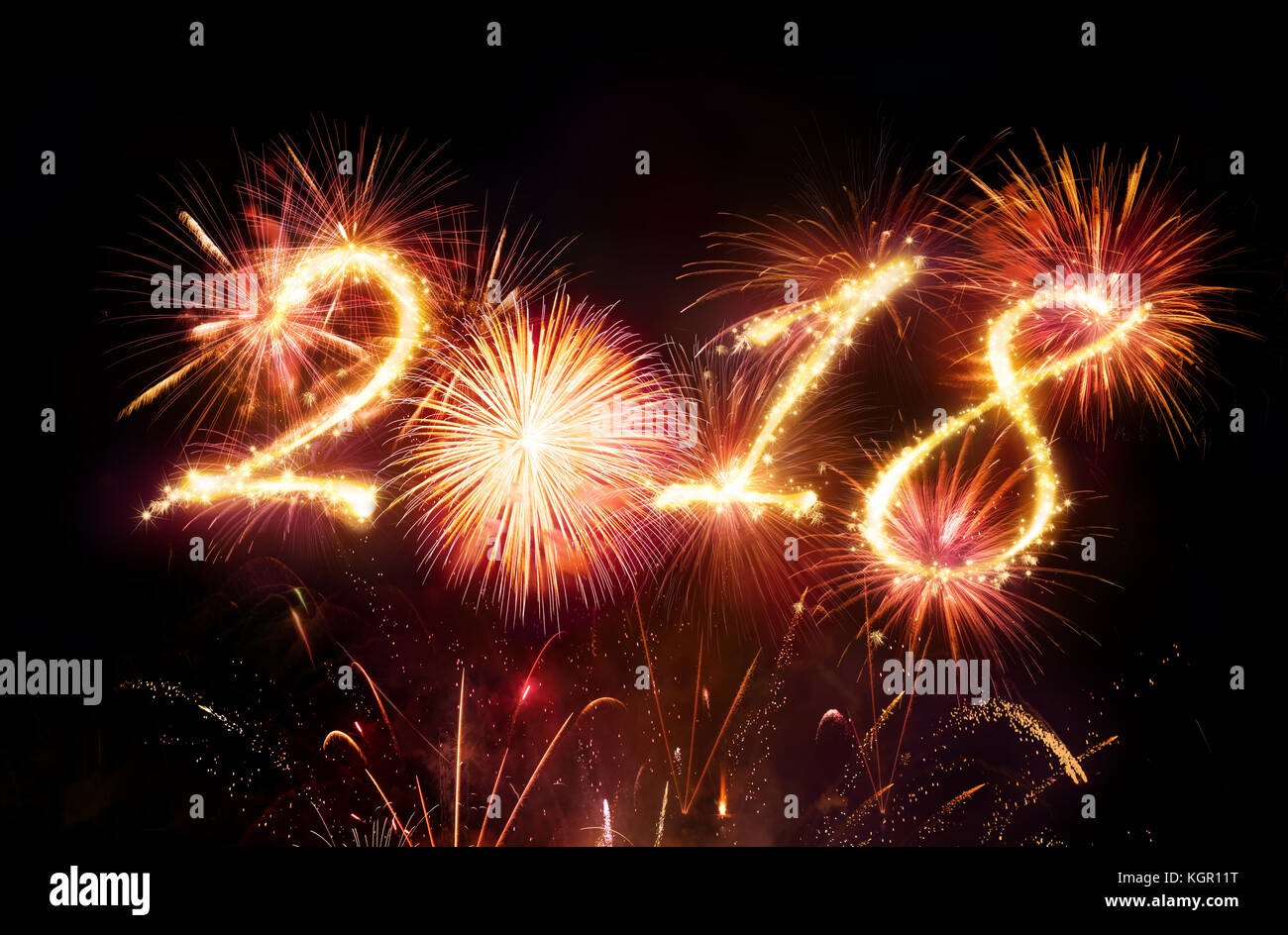 Happy New Year - Red Fireworks Explosion Stock Photo - Alamy