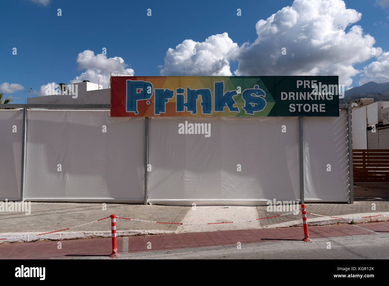Malia, Lasithi, Crete, Greece, October 2017. A pre drinking store on a ...