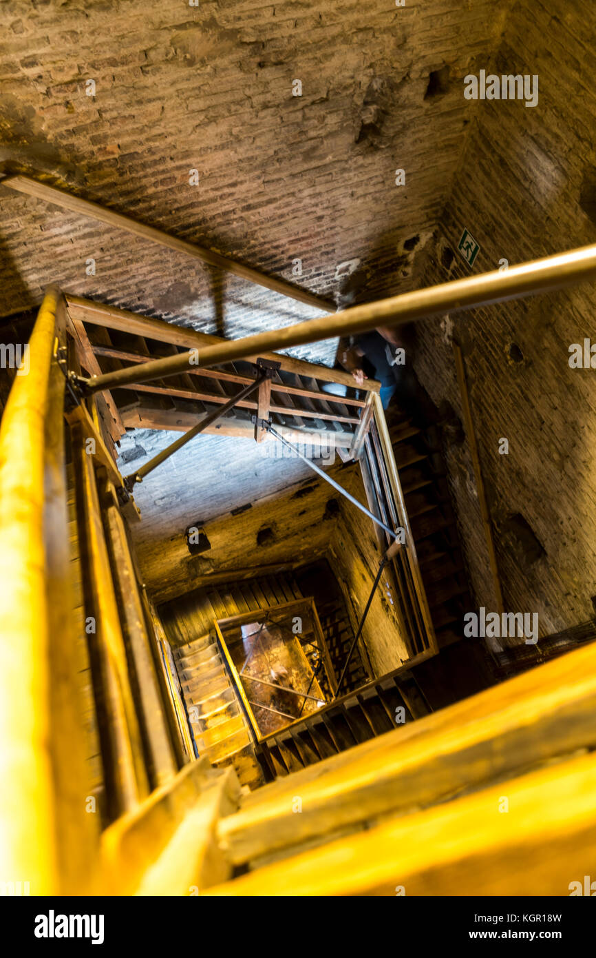 Many wooden steps up to the top of the Asinelli Tower, Bologna city ...