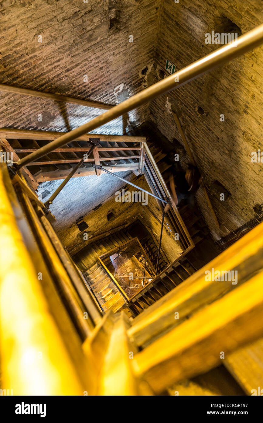 Many wooden steps up to the top of the Asinelli Tower, Bologna city ...