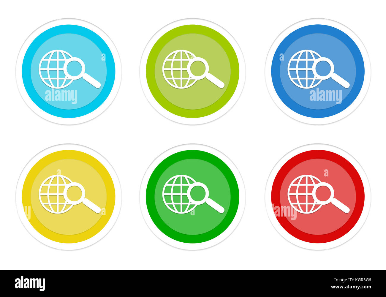 Set of rounded colorful buttons with search symbol in blue, green ...