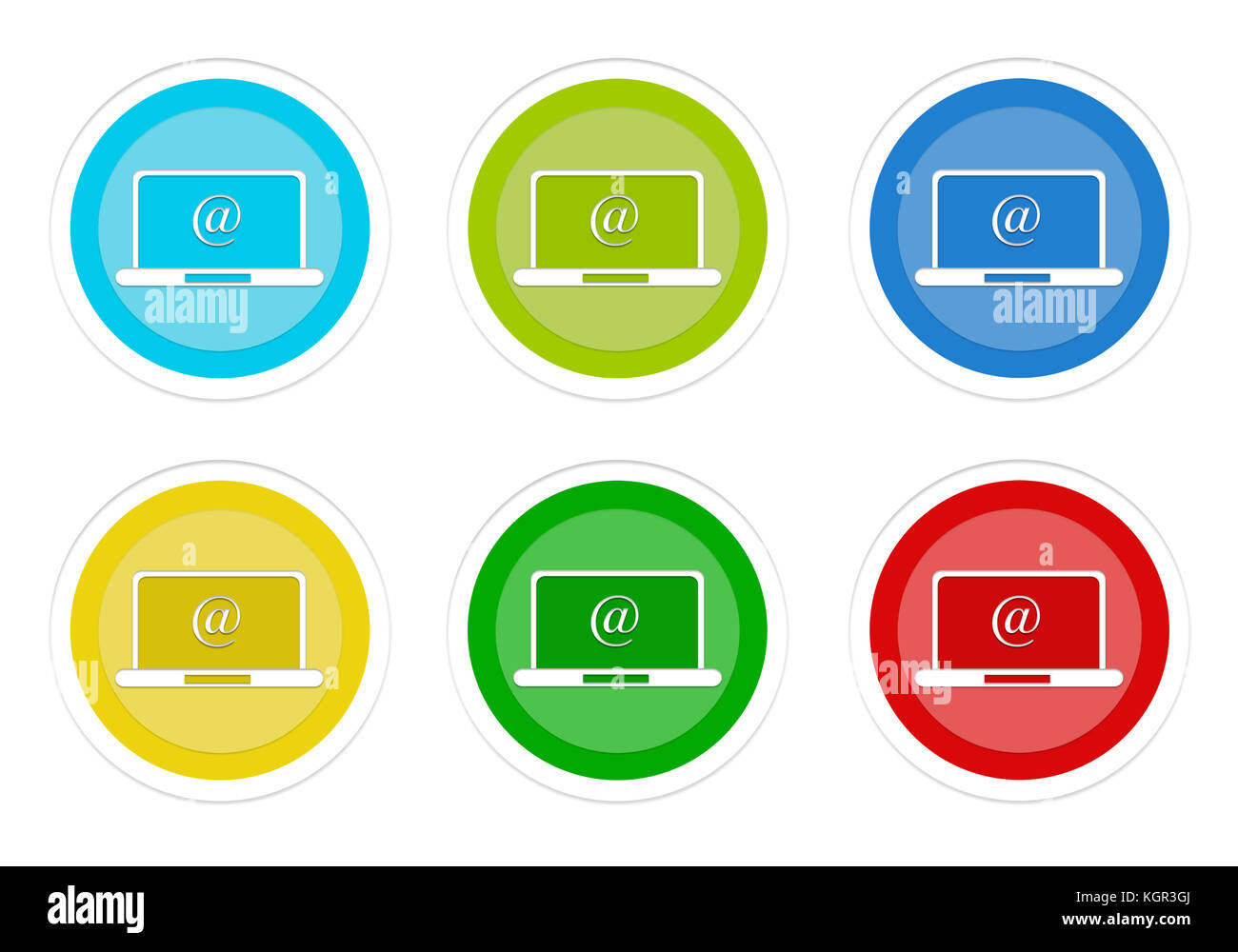 Set of rounded colorful buttons with computer laptop symbol in blue ...