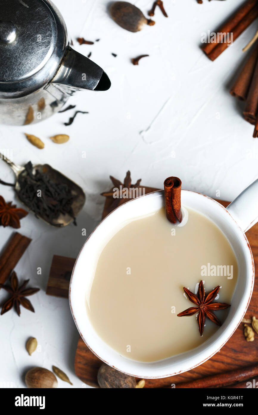 Traditional indian masala chai tea with spices in cup, top view Stock ...