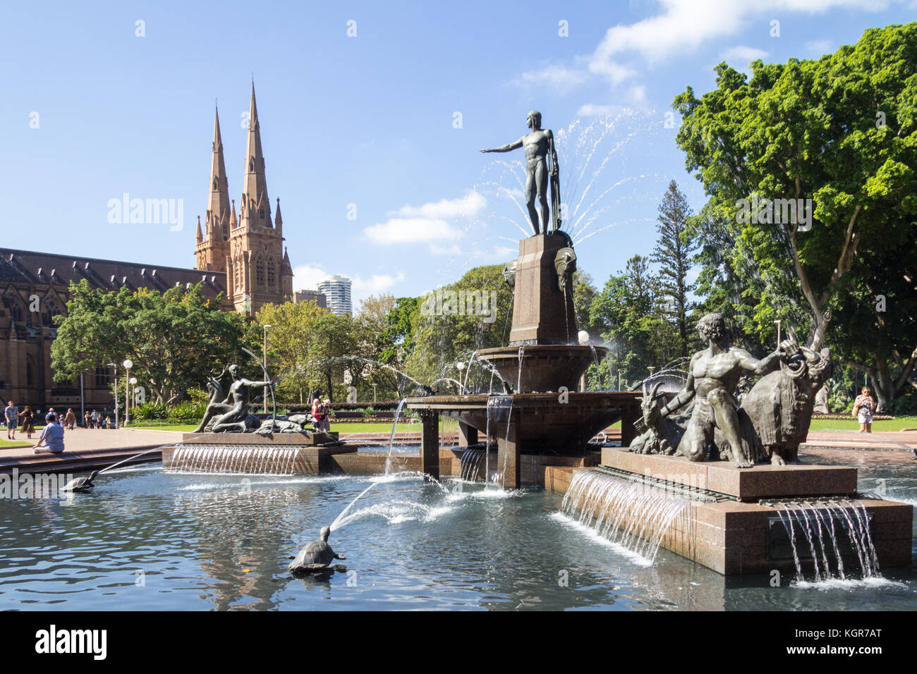 J. F. Archibald Memorial Fountain, Hyde Park with St Marys cathedral ...