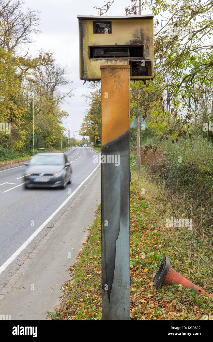 Speed camera that has been vandalised having been set on fire. Located ...