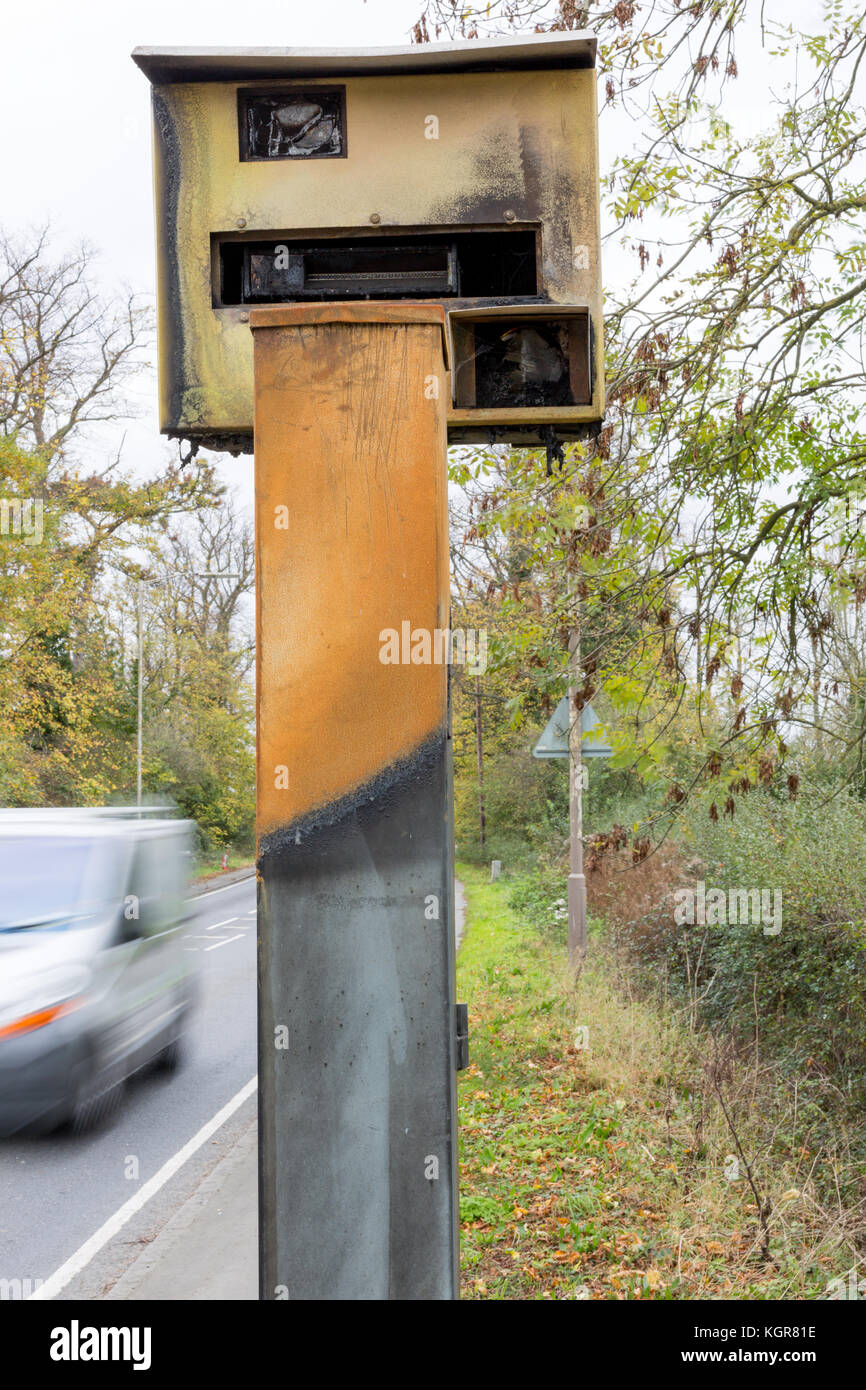 Speed camera that has been vandalised having been set on fire. Located ...