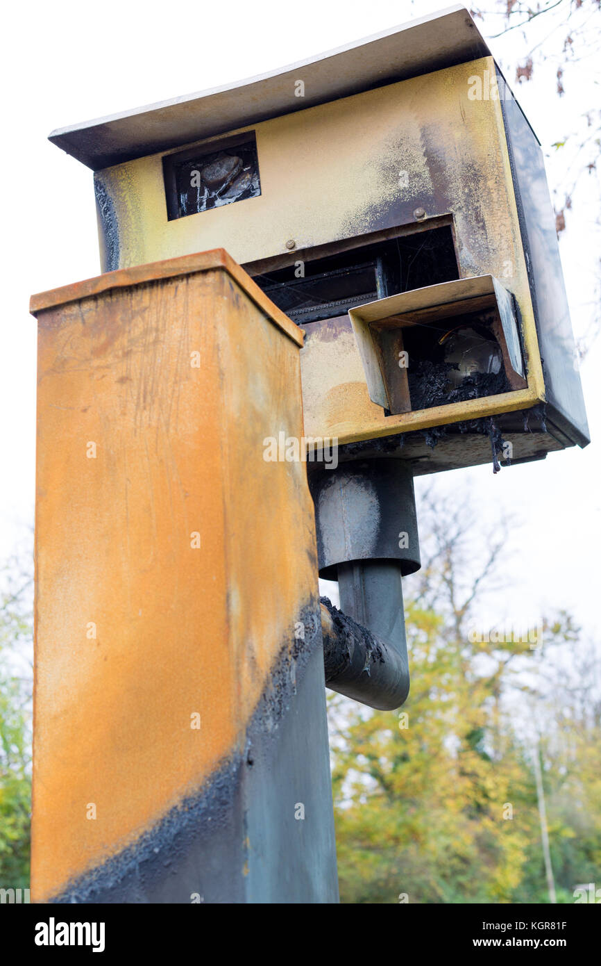 Speed camera that has been vandalised having been set on fire. Located ...