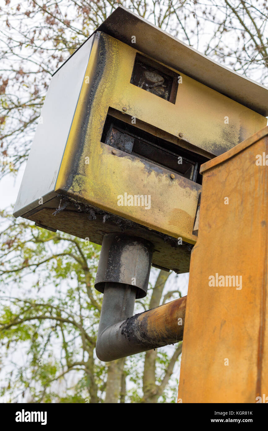Speed camera that has been vandalised having been set on fire. Located ...