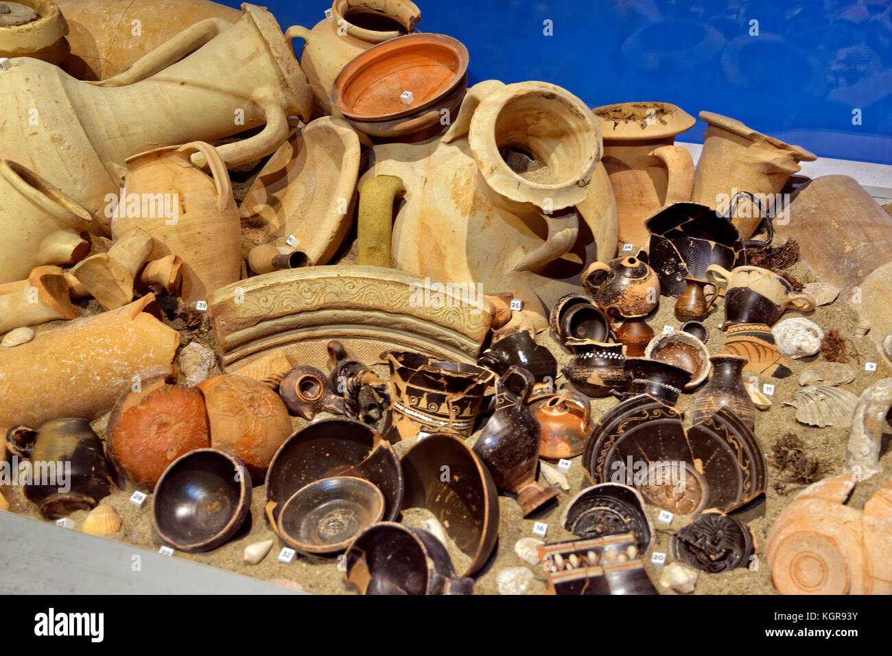 Recovered ceramic artefacts displayed in the Pompeii museum at Pompei ...