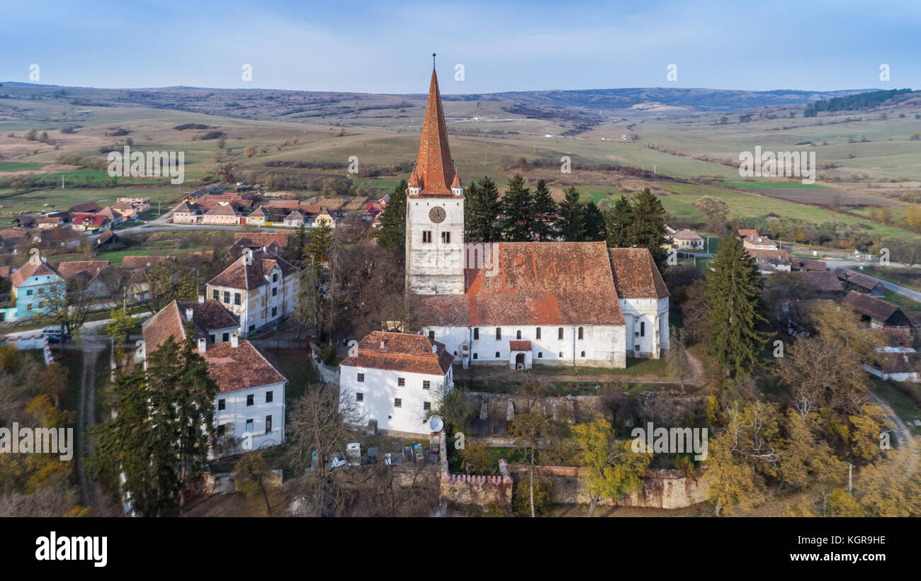 aerial view of Cincu medieval church. Brasov county. Transylvania ...