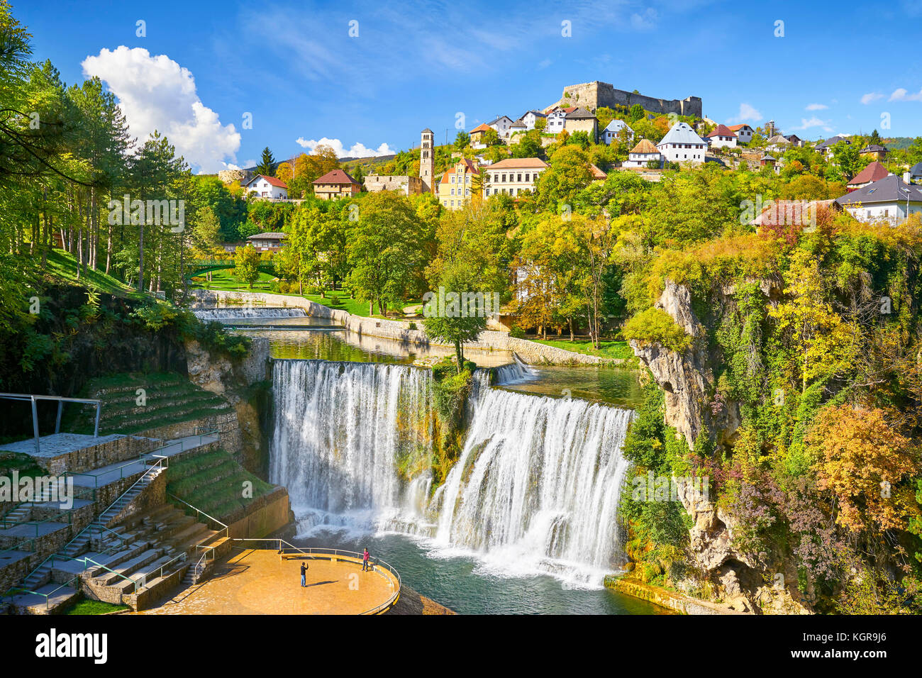 Pliva River Waterfall and castle from 14th century, Jajce town, Bosnia ...