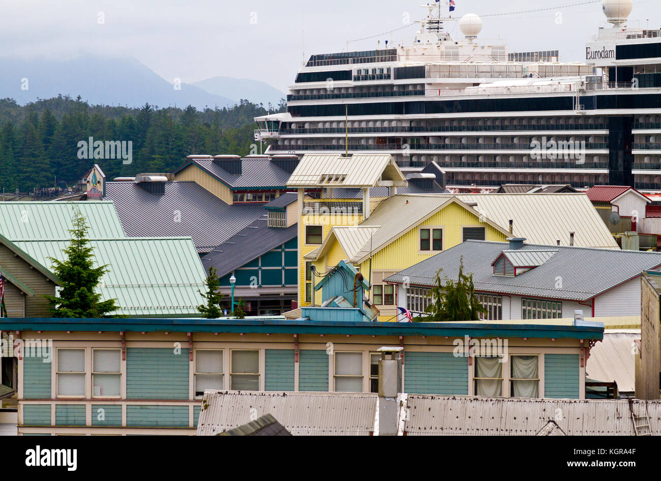 Cruise ship Eurodam is docked in Ketchikan, Alaska, viewed over the ...