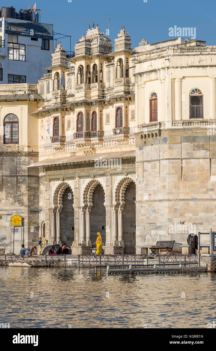 Gangaur Ghat from Lake Pichola in the evening light, Udaipur, Rajasthan ...