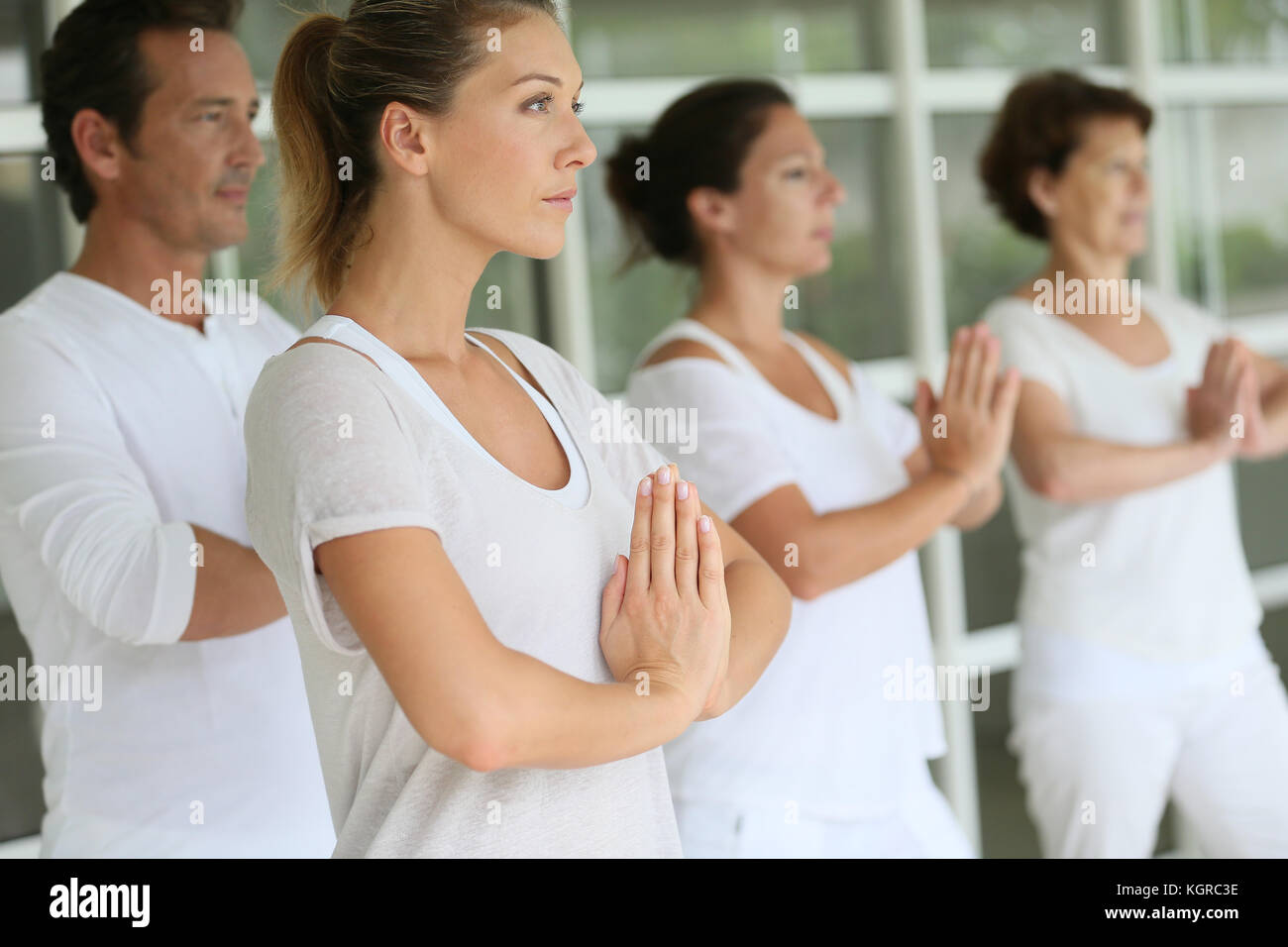 Group of people doing yoga exercices Stock Photo - Alamy