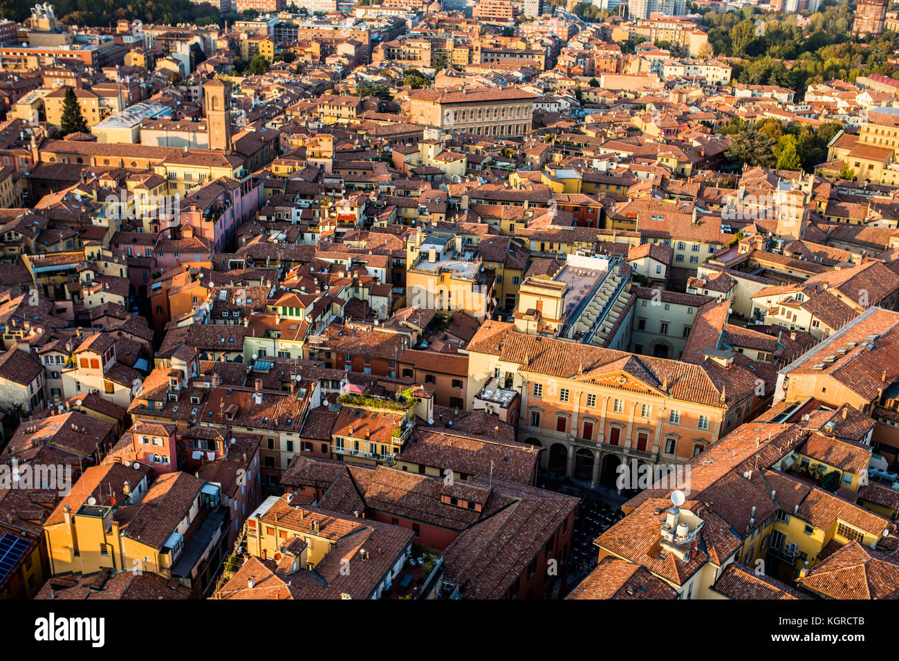 Aerial view of Bologna, Italy at sunset. Colorful sky over the ...