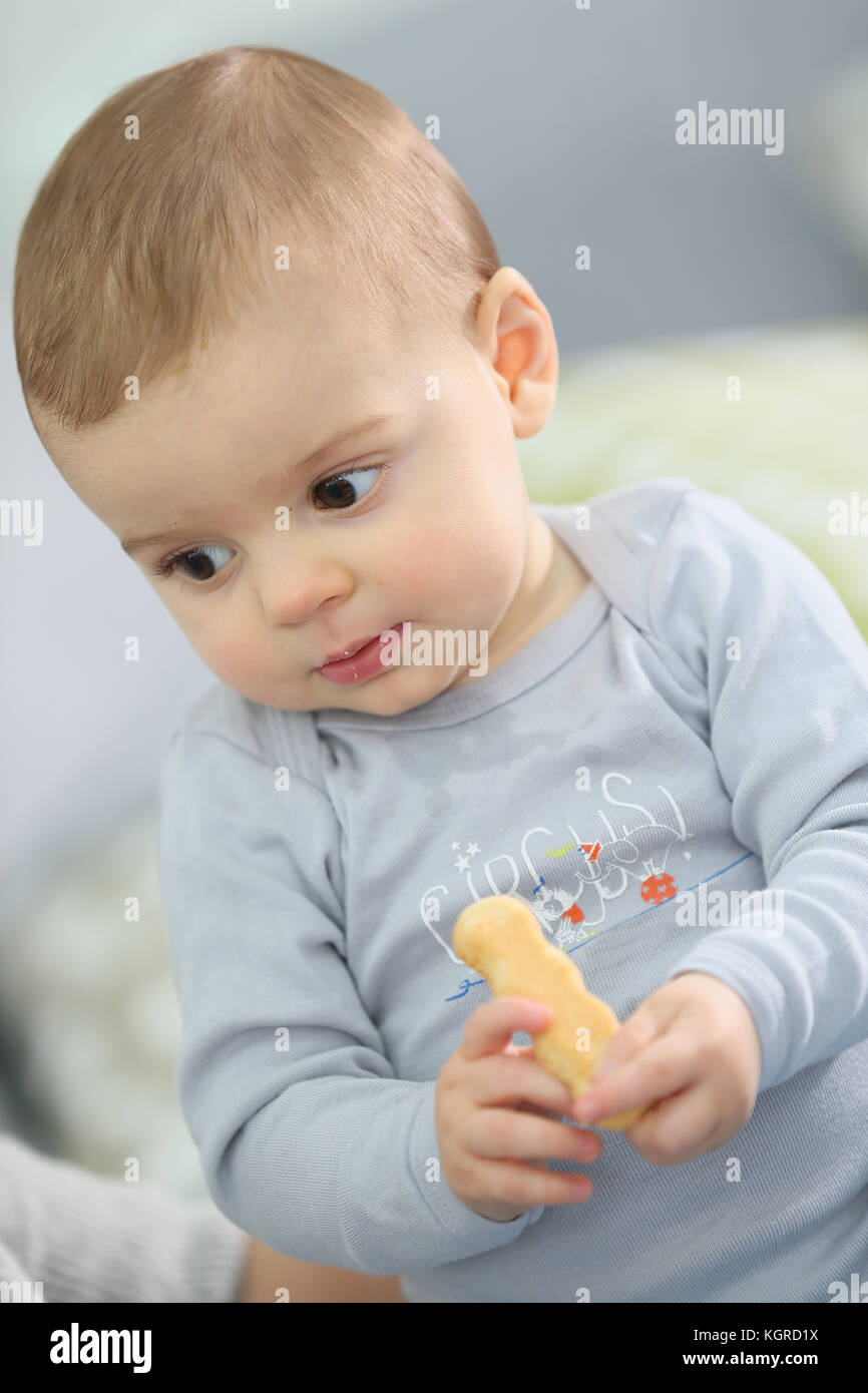 Portrait of cute baby boy eating child biscuit Stock Photo - Alamy