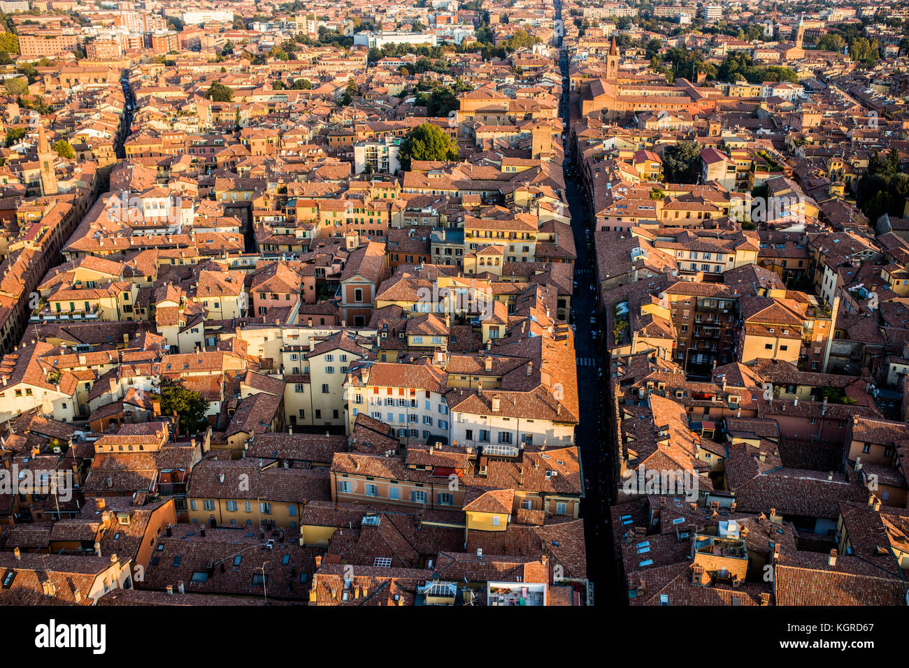 Aerial view of Bologna, Italy at sunset. Colorful sky over the ...