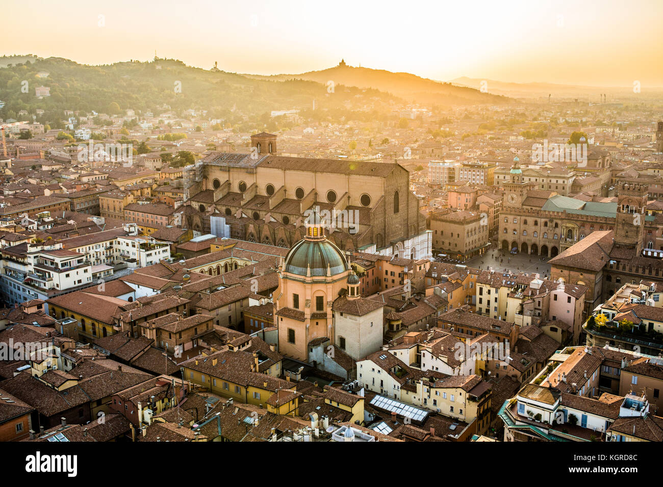 Aerial view of Bologna, Italy at sunset. Colorful sky over the ...