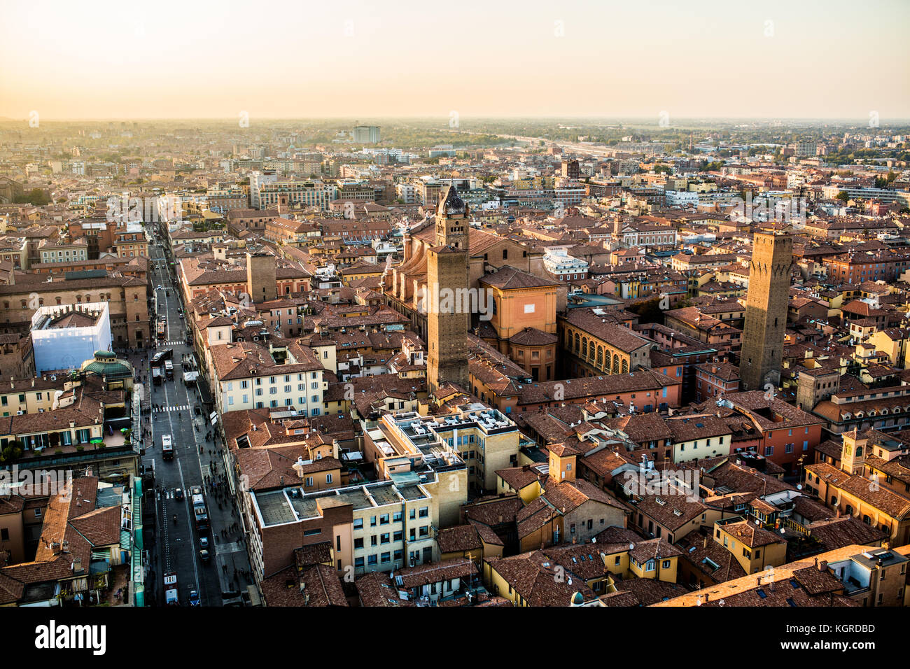 Aerial view of Bologna, Italy at sunset. Colorful sky over the ...
