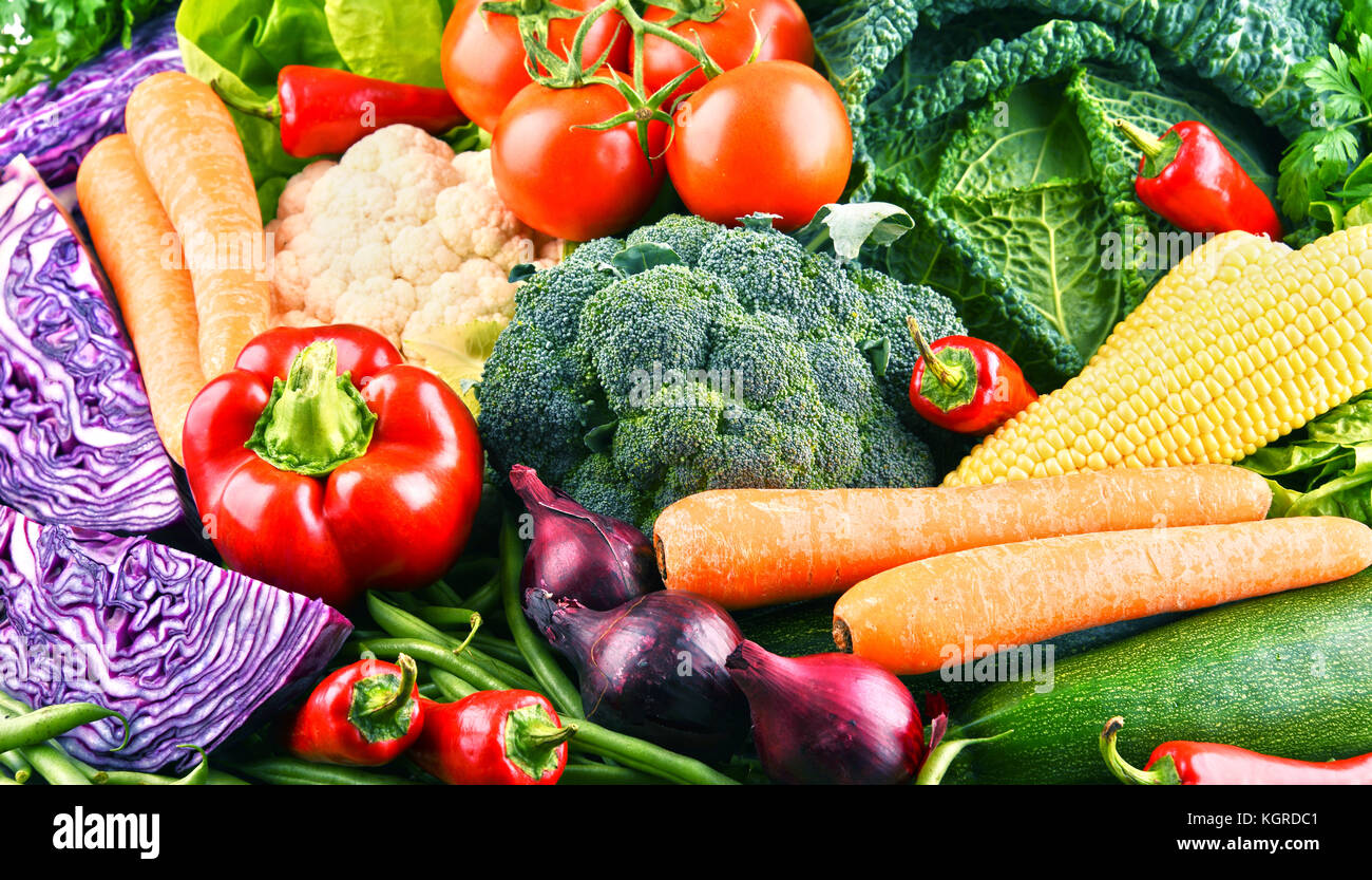 Composition with variety of raw organic vegetables and fruits. Balanced ...