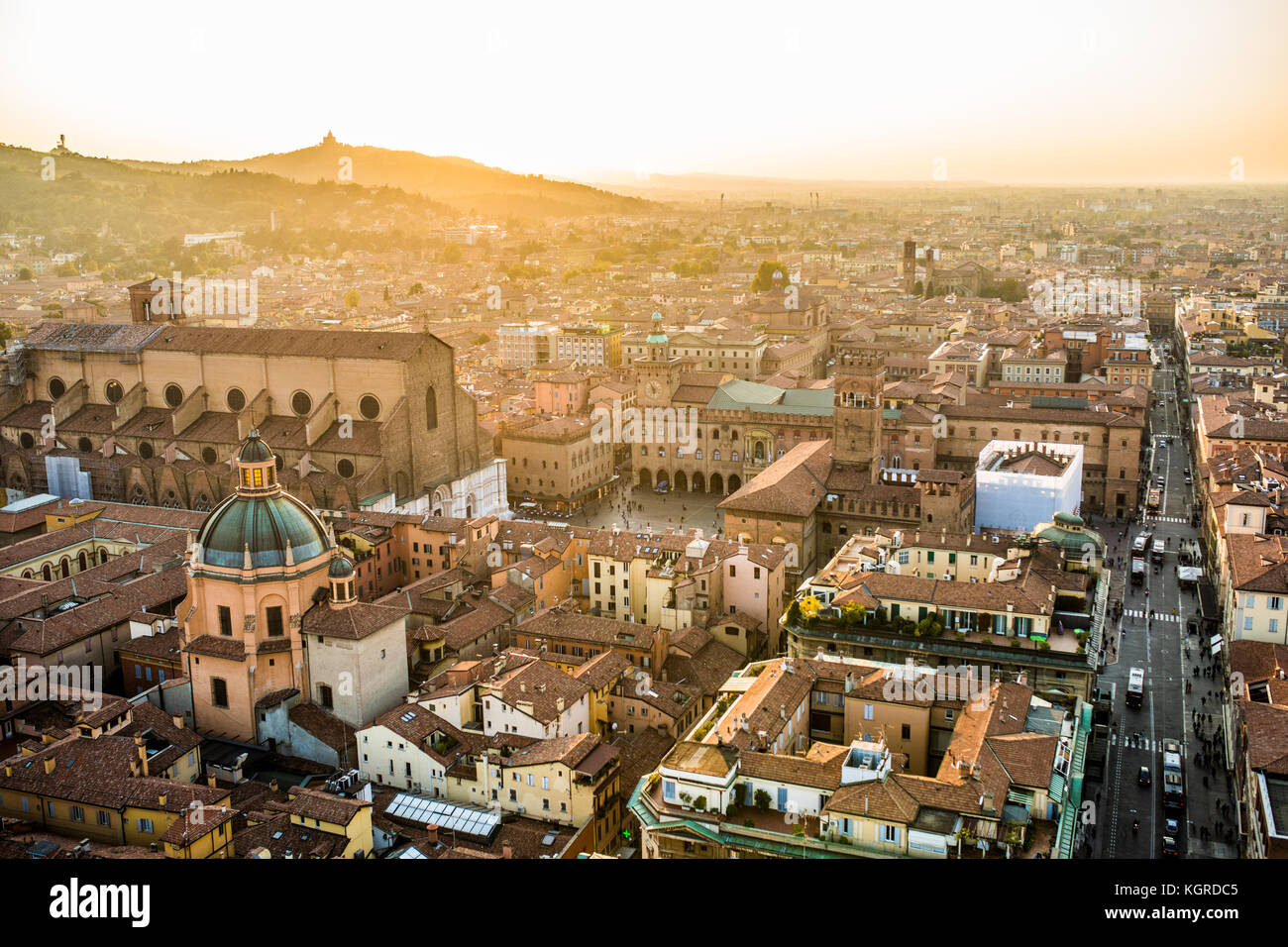Aerial view of Bologna, Italy at sunset. Colorful sky over the ...